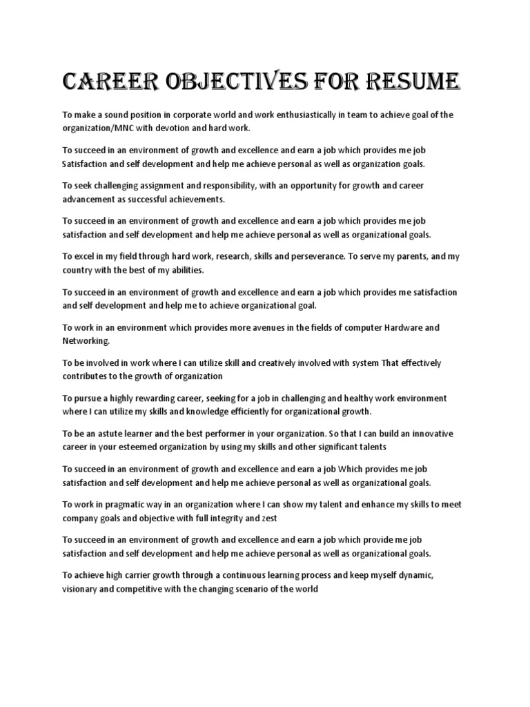 Career Objectives For Resume | PDF | Goal | Personal Development
