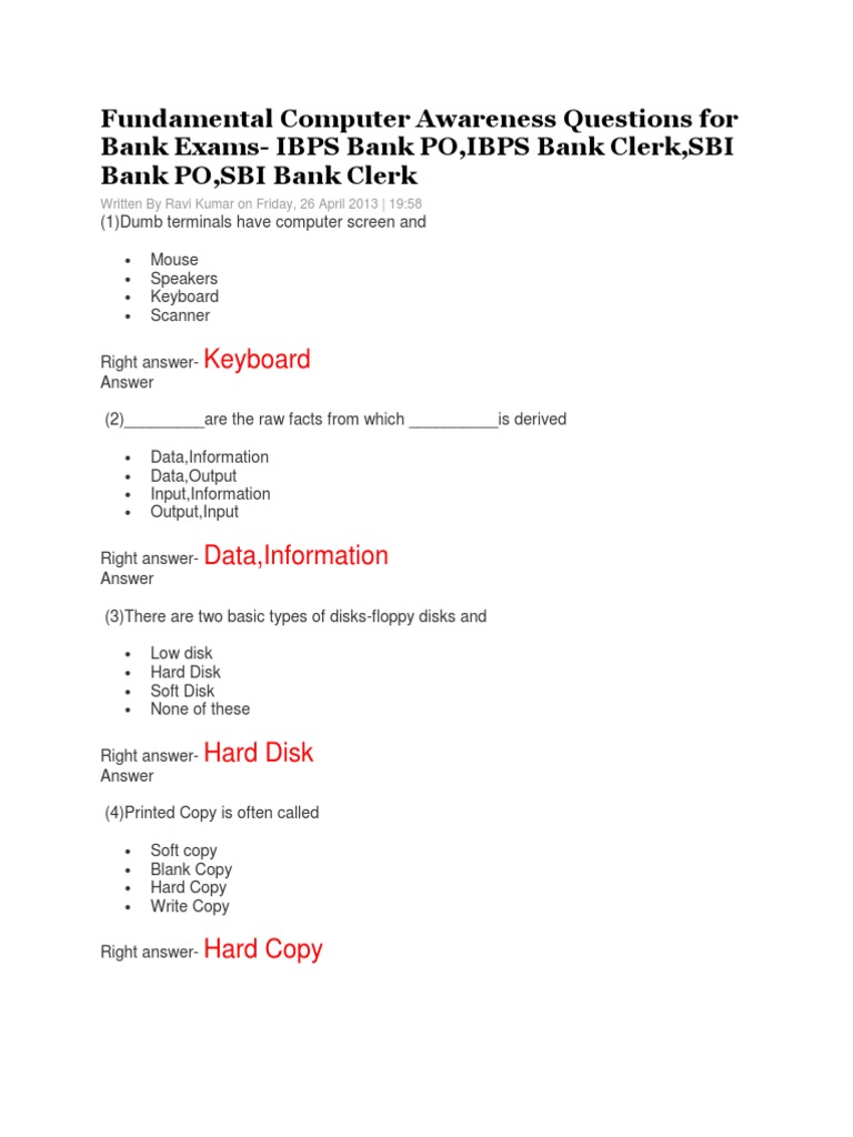Fundamental Computer Awareness Questions For Bank Exams-IBPS Bank PO ...