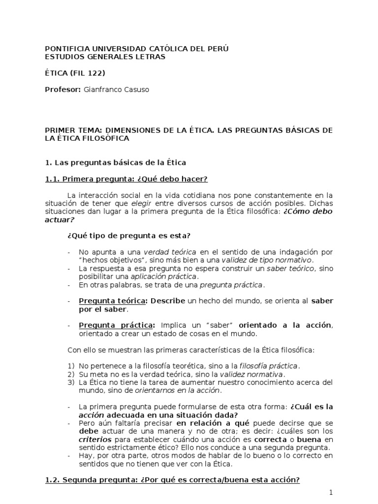 Ética. Primer Tema. Dimensiones de La Ética. Las Preguntas Básicas de ...