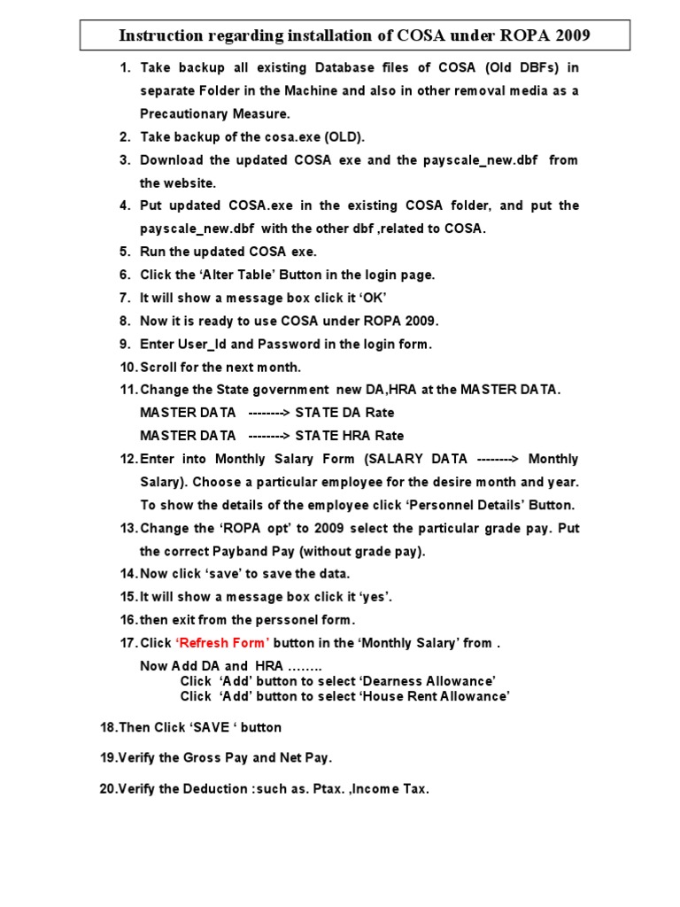 Instruction Regarding Installation of COSA Under ROPA 2009: Refresh ...
