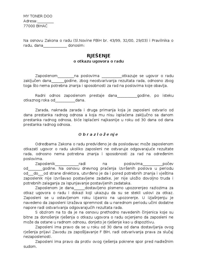 Otkaz Ugovora o Radu-Povreda Obaveze | PDF