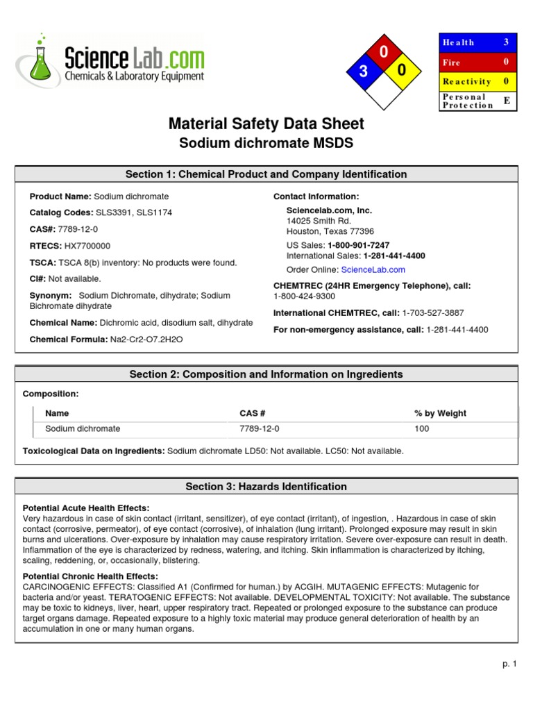 MSDS of Sodium Dichromate | PDF | Toxicity | Flammability