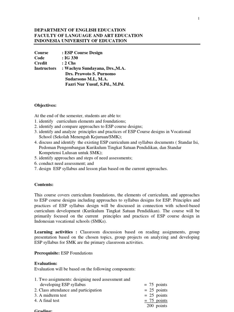 Syllabus ESP Course Design | PDF | Curriculum | Program Evaluation