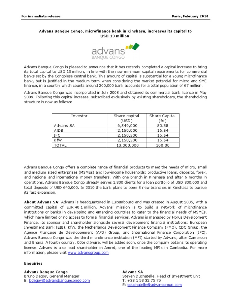 Advans Banque Congo Raises Capital to $13M | PDF | International ...