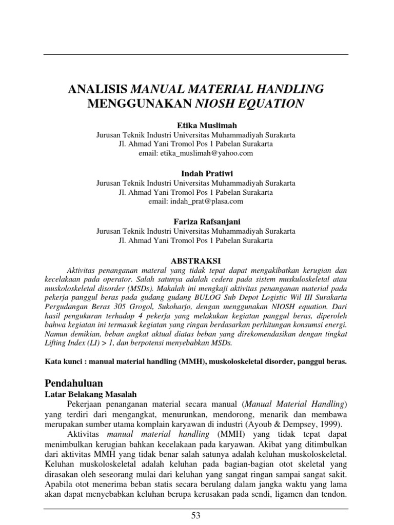 Analisis Manual Material Handling Dengan NIOSH Equation PDF | PDF
