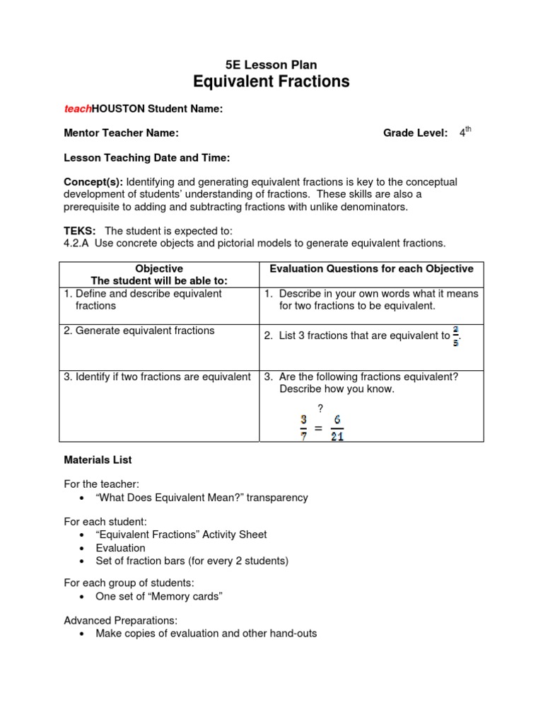 Equivalent Fractions - 5E LP | PDF | Fraction (Mathematics ...
