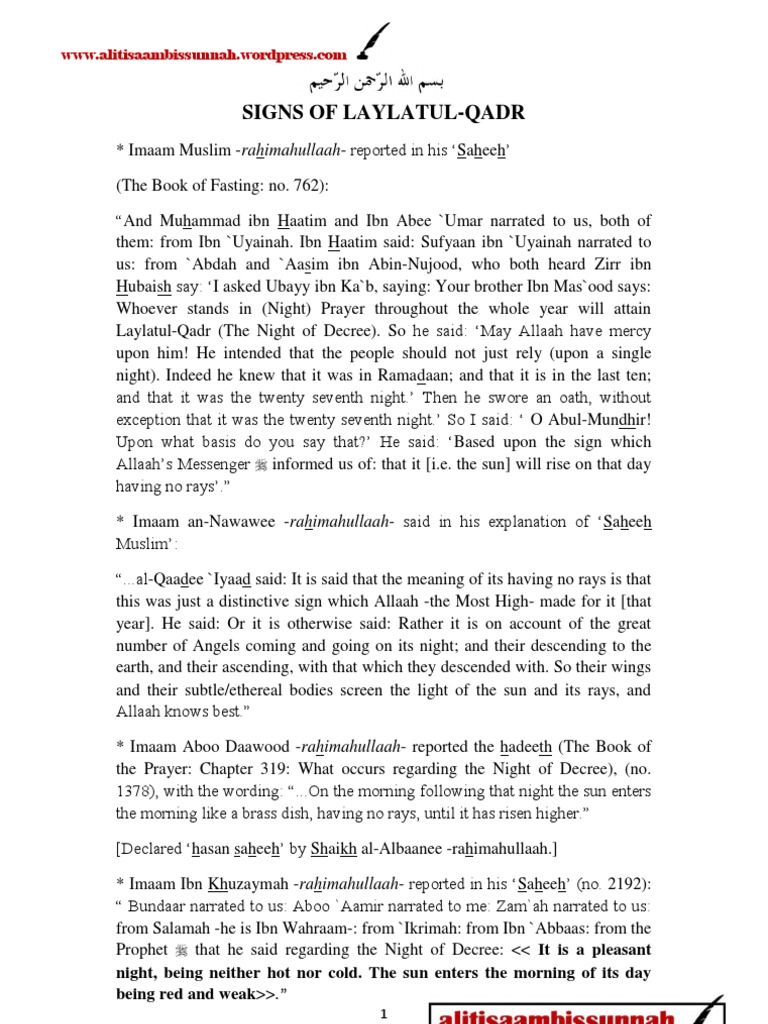 Signs of Laylatul Qadr | PDF | Hadith | Ramadan