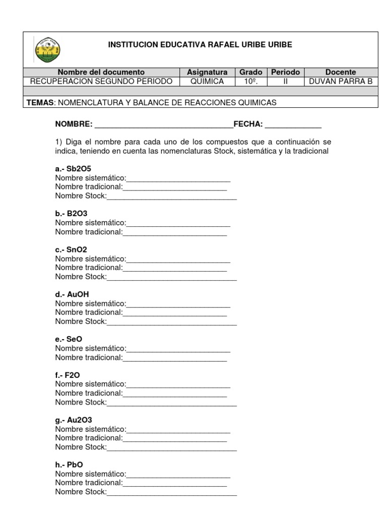 Nomenclatura y Balance de Reacciones Recuperacion 2 Periodo Decimo | PDF | Ciencias fisicas ...