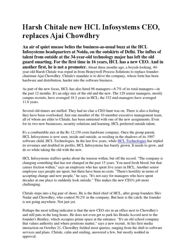 Harsh Chitale New HCL Infosystems CEO, Replaces Ajai Chowdhry ...