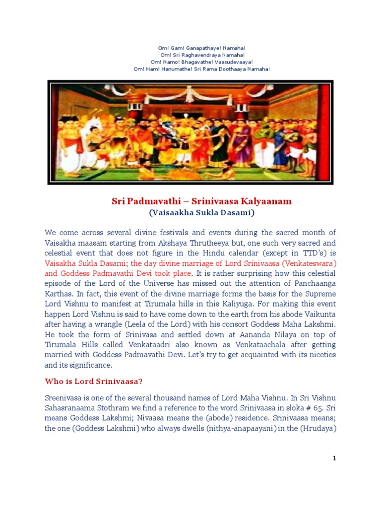 SRI PADMAVATHI SRINIVAASA KALYAANAM - The Divine Marriage (Objective - Glory & Significance ...