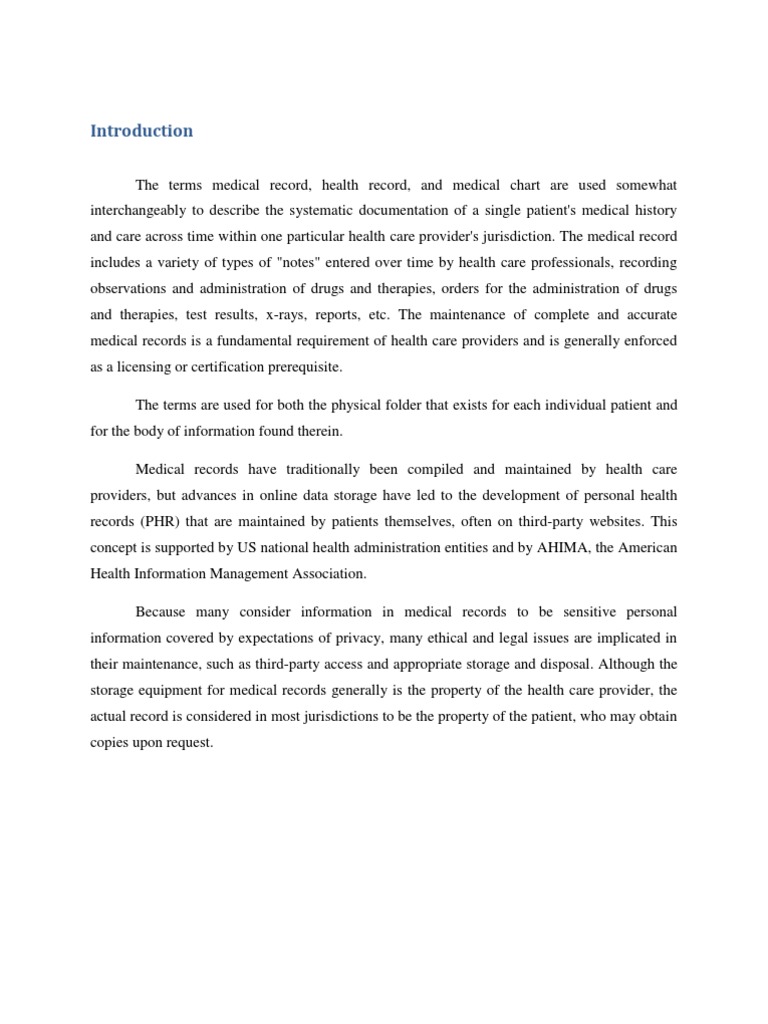 The Comprehensive Medical Record: Structure, Content, Storage and ...