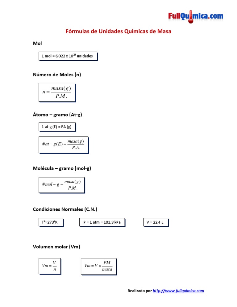 Fórmulas de Unidades Químicas de Masa | PDF | Métodos y materiales de enseñanza | Ciencia y ...