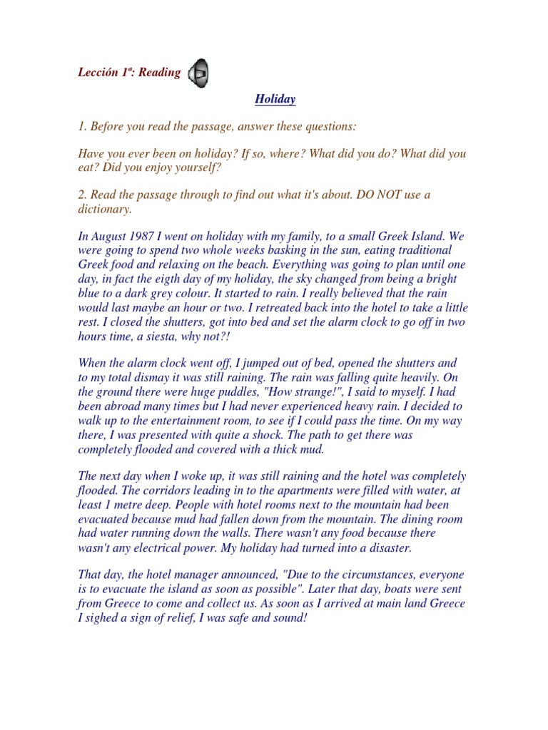 Lección 1 : Reading: Holiday | PDF | Languages
