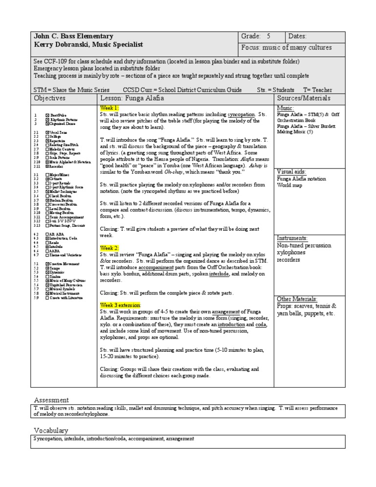 5th Grade Lesson Funga Alafia | PDF | Rhythm | Recorder (Musical ...