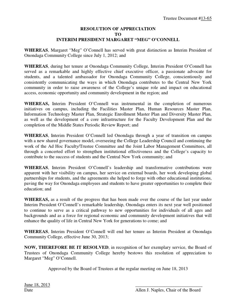 Resolution of Appreciation To Meg O'Connell | PDF | Board Of Directors ...