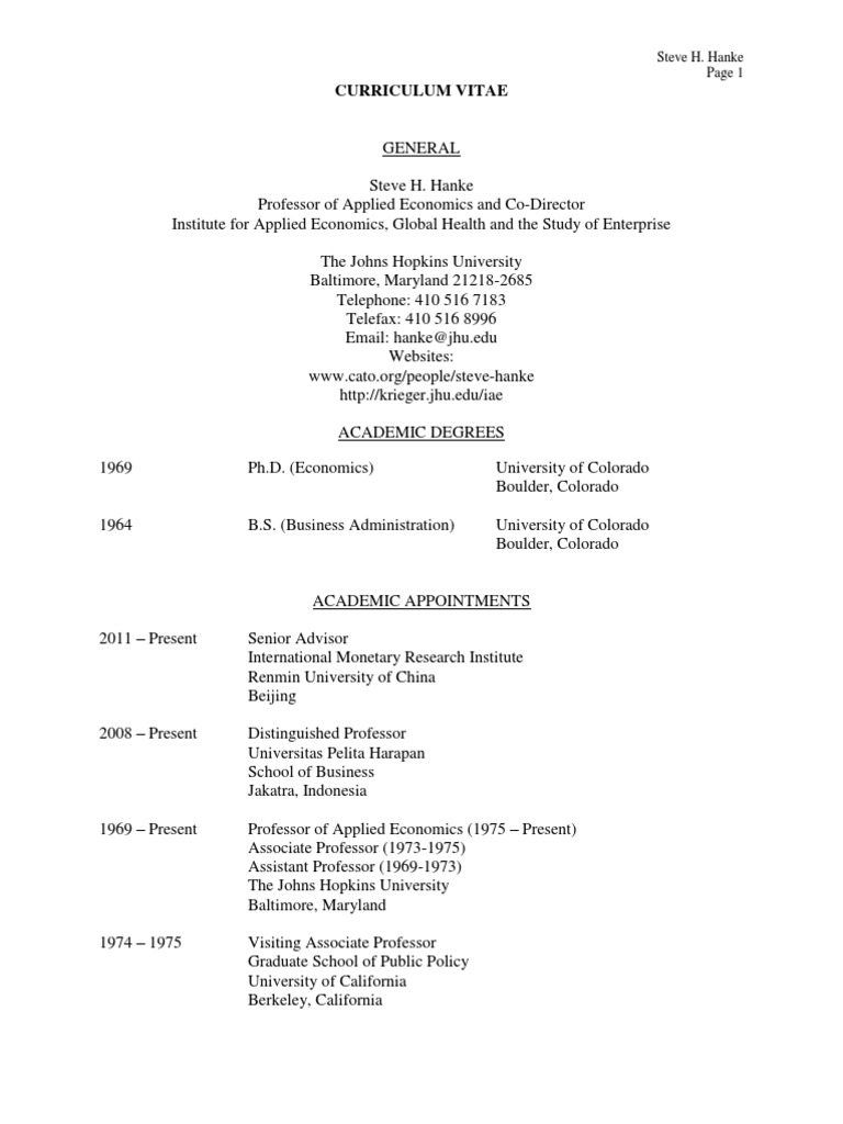 Steve Hanke CV | PDF | Economies