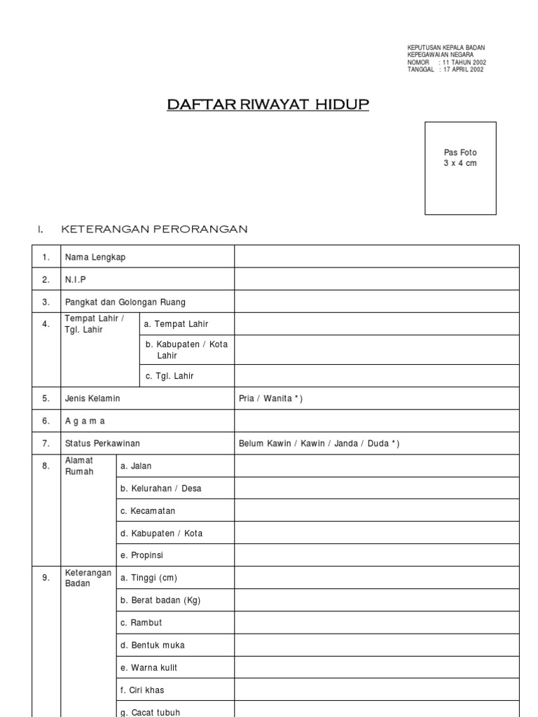 Daftar Riwayat Hidup Kepka BKN No 11 Tahun 2002 | PDF