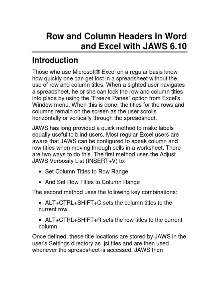 Row and Column Headers in Word and Excel With JAWS 6.1 | PDF ...