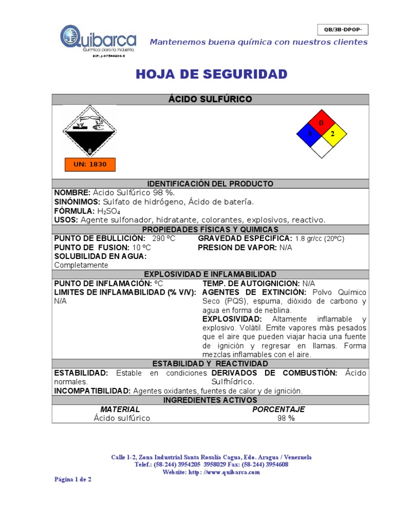 Hoja De Seguridad ácido Sulfúrico Doc Sulfuric Acid Combustion