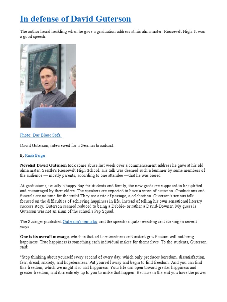 David Guterson Commencement Speech On Happiness | PDF | Happiness | Anxiety