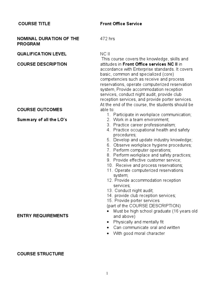 Front Office NC2 CBC From TESDA | PDF | Hygiene | Occupational Safety ...