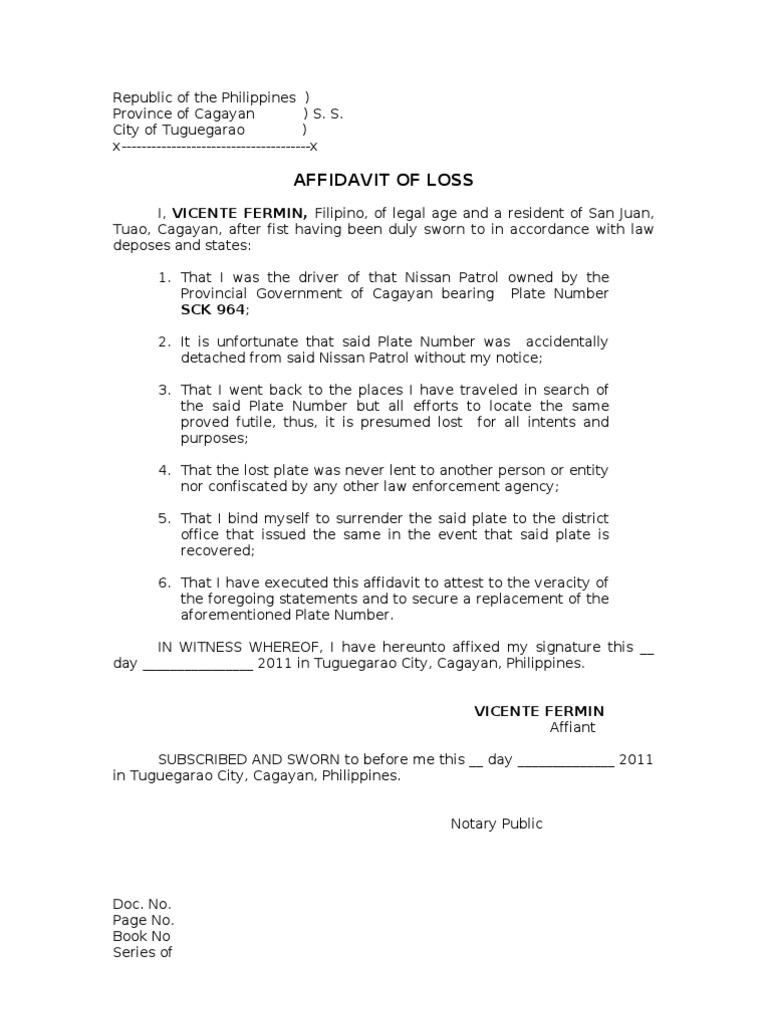 Affidavit of Loss- Plate