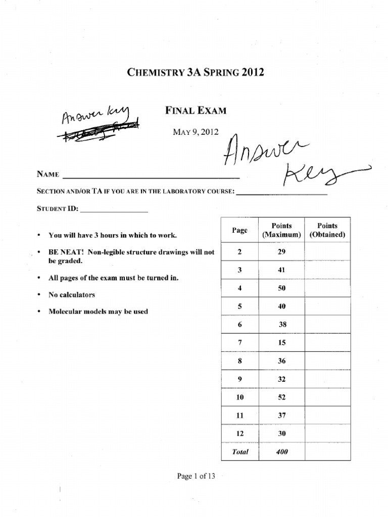 Chem 3A Final Exam Answer Key 2012 | PDF