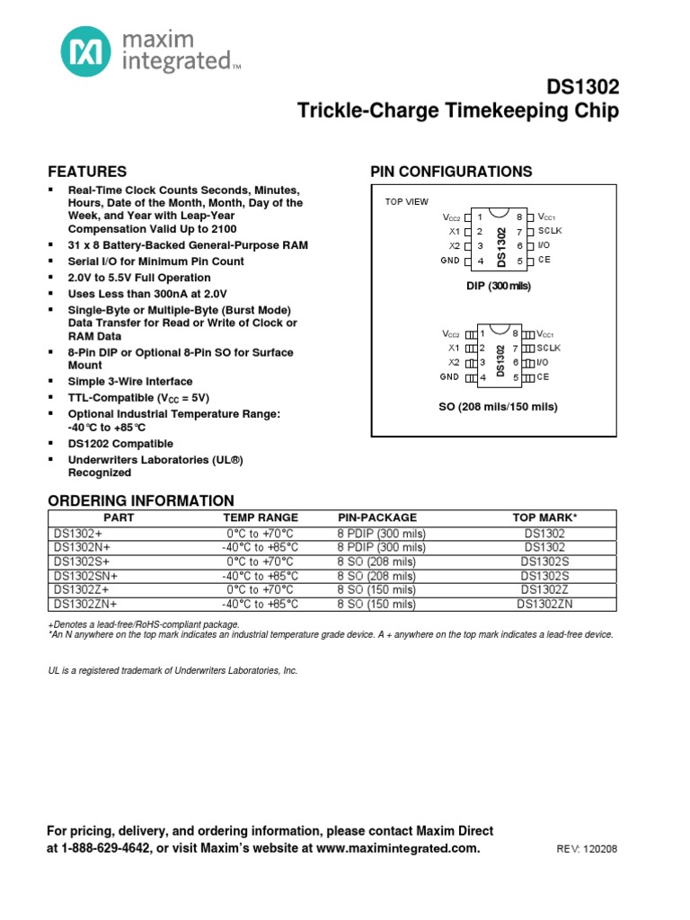 DS1302 Trickle-Charge Timekeeping Chip | PDF | Random Access Memory | Capacitor