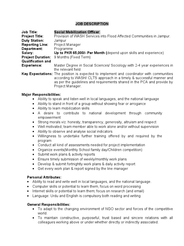 Social Mobilization Officer | PDF | Project Manager | Cognition