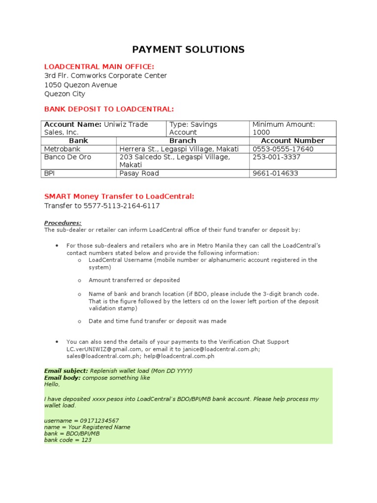 LoadCentral Payment Procedures Guide | PDF | Bdo Unibank | Financial ...