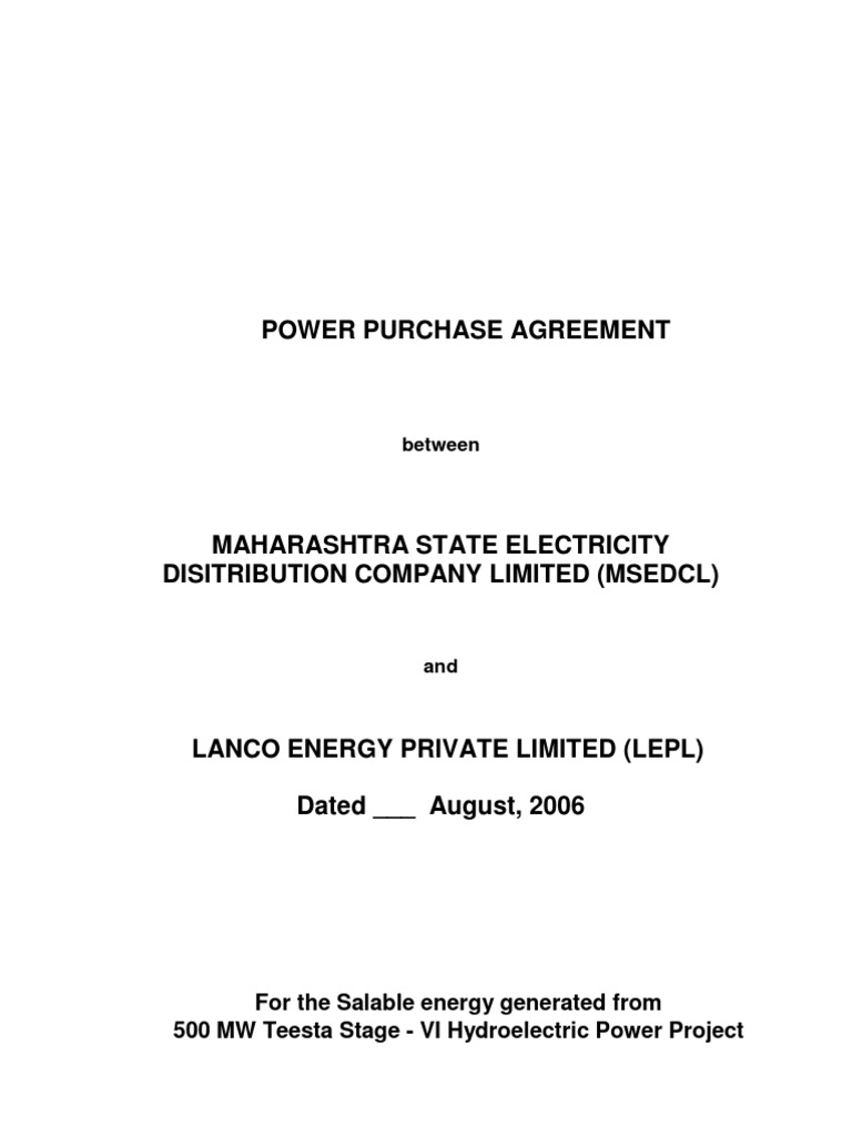 Power Purchase Agreement: For The Salable Energy Generated From 500 MW ...
