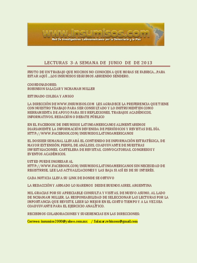 Lecturas 3-A Semana de Junio de 2013 Sobre America Latina | PDF