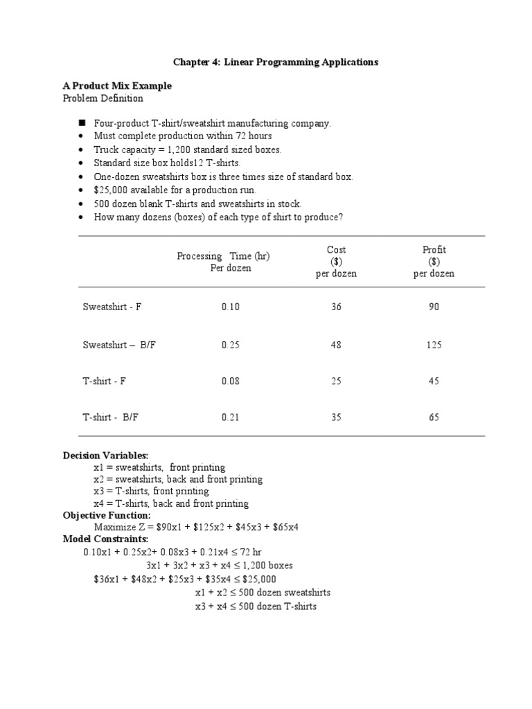 Problem Definition: Chapter 4: Linear Programming Applications A Product Mix Example | PDF ...