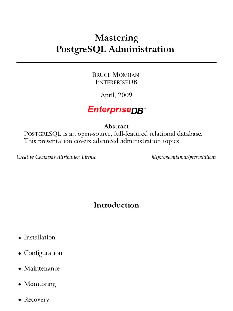 Mastering Postgresql Administration B M E Db April 2009 Download Free Pdf Postgre Sql