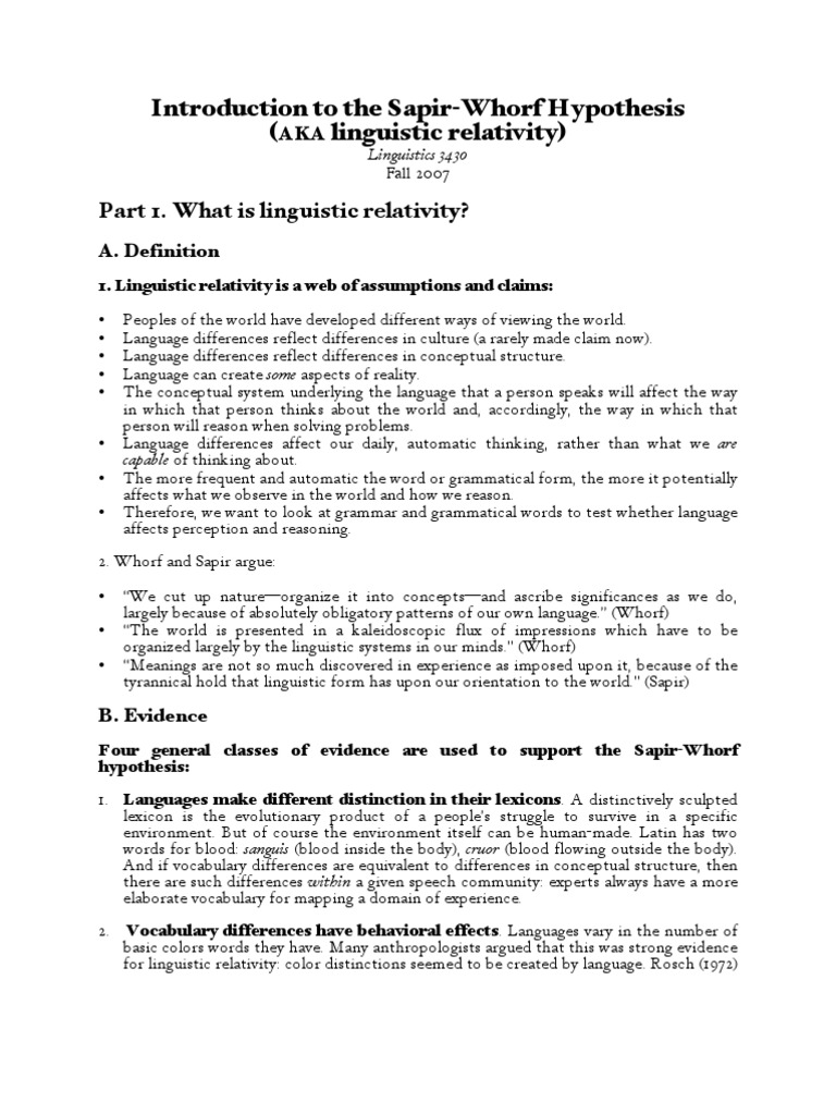 Introduction To The Sapir-Whorf Hypothesis (Linguistic Relativity) | PDF