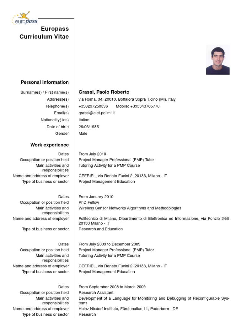 Europass Curriculum Vitae: Personal Information Grassi, Paolo Roberto | PDF | Computer ...