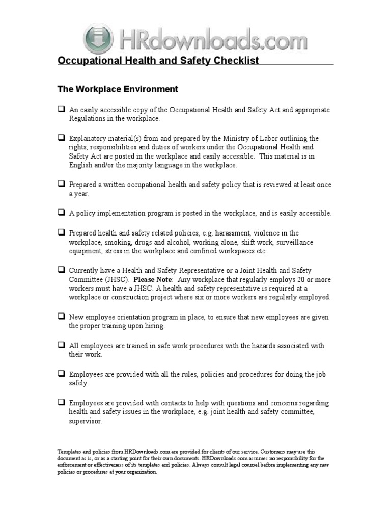 Occupational Health and Safety Checklist | PDF | Personal Protective ...