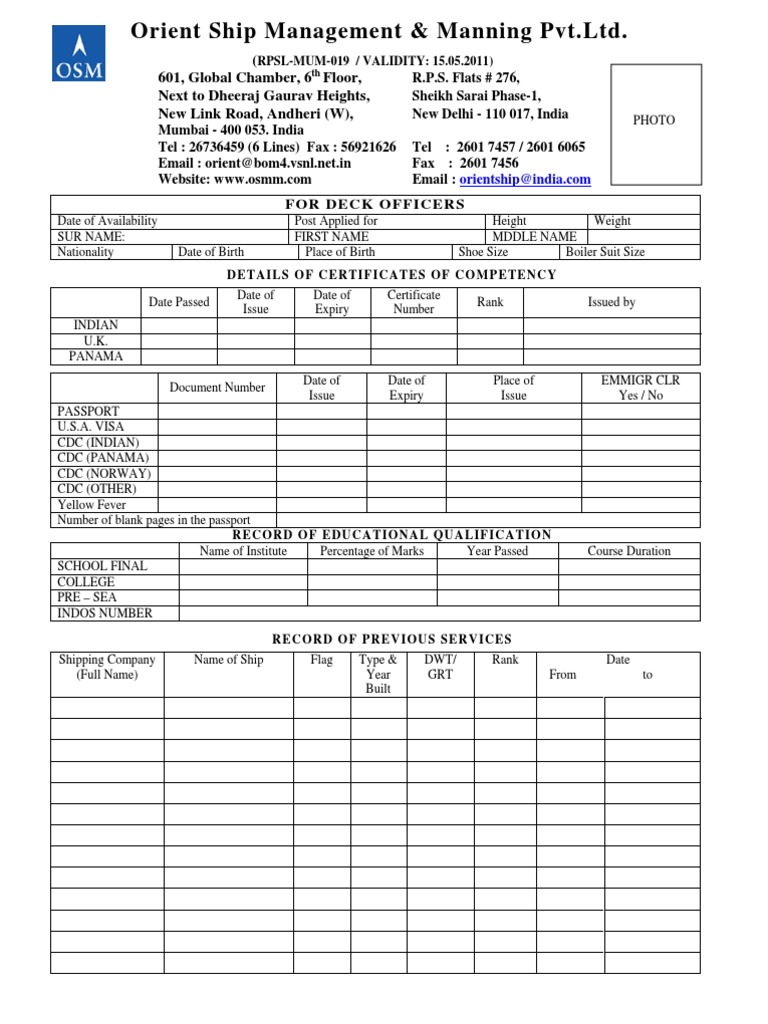 Orient Ship Management Manning Application Form | PDF | Industries ...