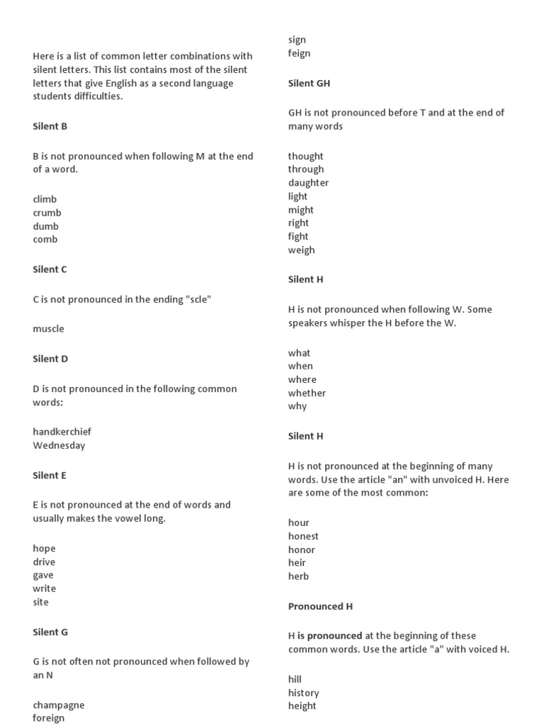 Common Silent Letter Combinations | PDF | English Language | Linguistics