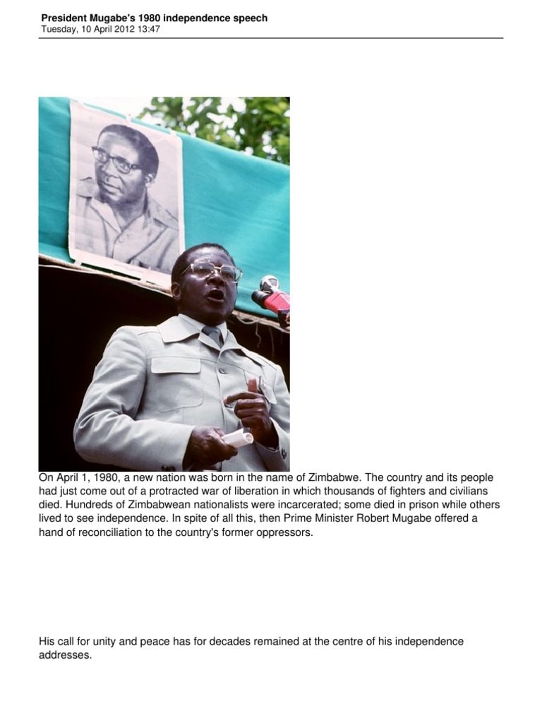 President Mugabes 1980 Independence Speech | PDF | Zimbabwe | Robert Mugabe