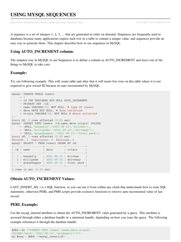 Mysql Using Sequences | Download Free PDF | Table (Database) | Sql