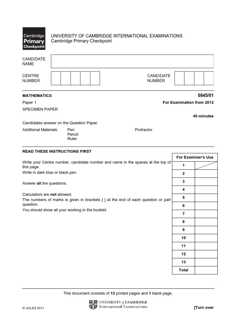 Cambridge Primary Checkpoint Maths P1 Specimen 2012 | PDF | Teaching ...