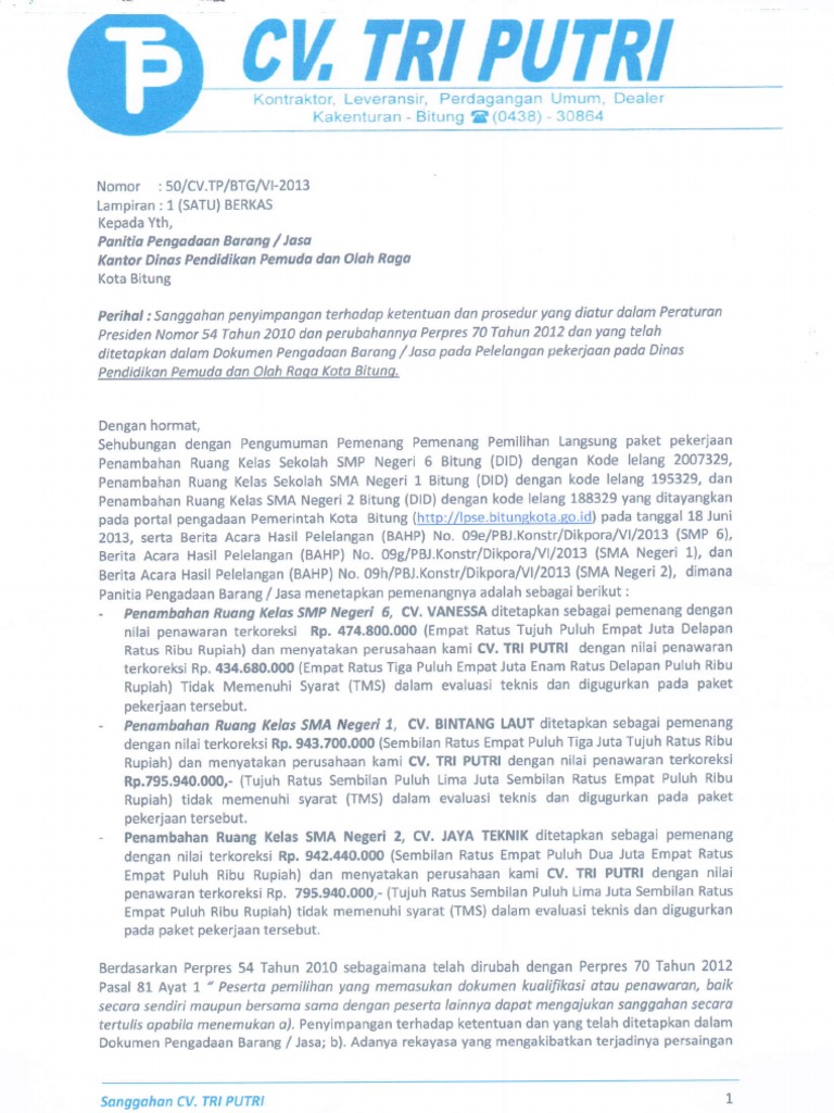 Surat Sanggahan Cv. Tri Putri Dikpora | PDF