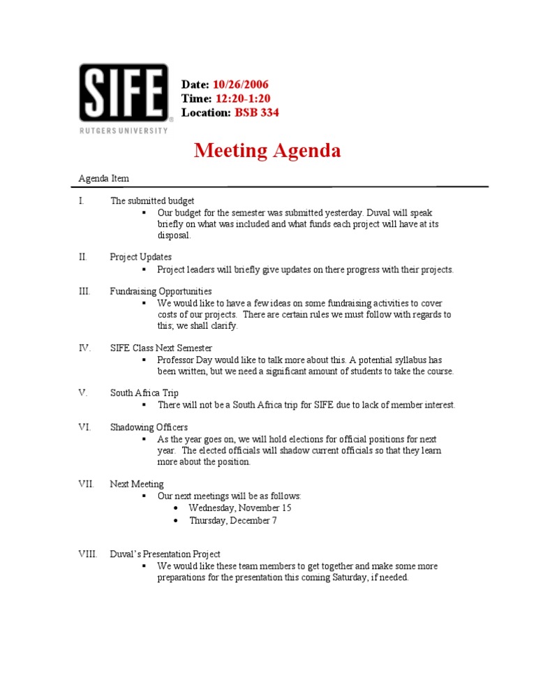 SIFE Meeting Agenda and Updates | PDF | Finance & Money Management