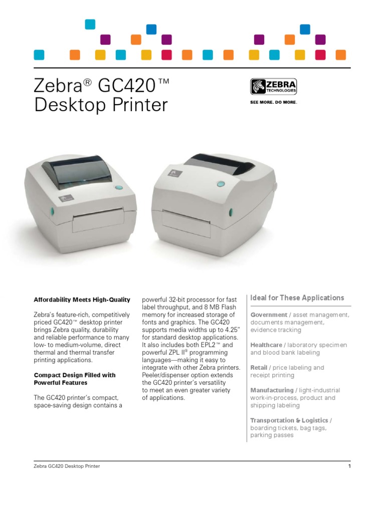 Zebra GC420 Direct Thermal Printer Datasheet | PDF | Printer (Computing ...