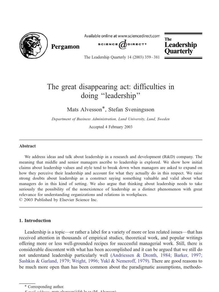 Alvesson Disappearing Leadership | PDF | Discourse | Leadership