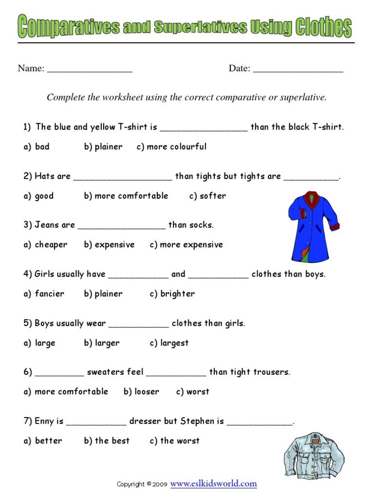 Comparatives and Superlatives Using Clothes Worksheet | PDF | Sports ...