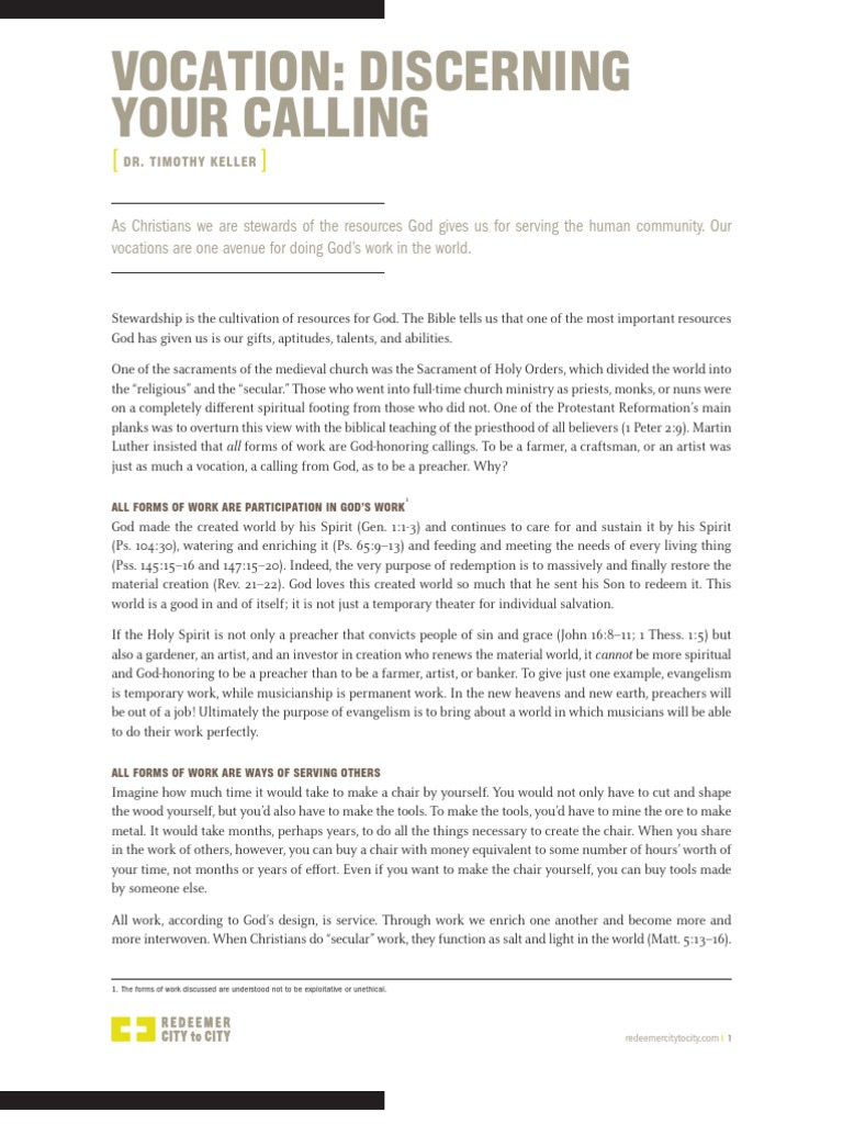 Vocation - Discerning Your Calling (Tim Keller) | PDF | Spiritual Gift ...