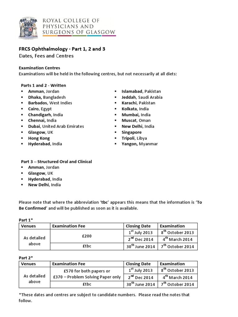 FRCS Ophthalmology Exam Dates & Fees | PDF | Health Care