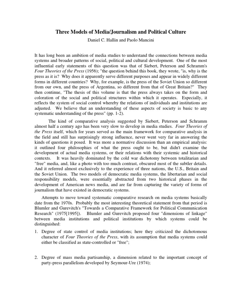 Three Models of Media and Politics | PDF | Corporatism | Corporate ...